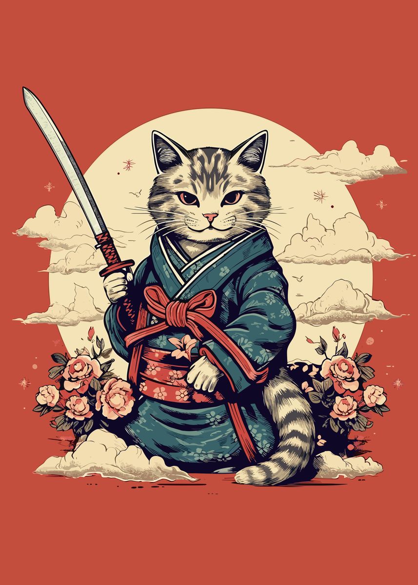 'Cat Samurai Japanese' Poster, picture, metal print, paint by Violet ...