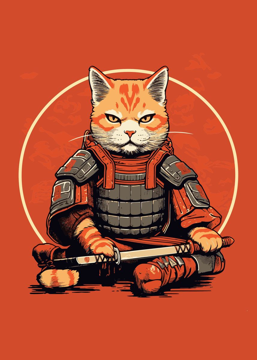 'cat baby samurai japan' Poster, picture, metal print, paint by ...