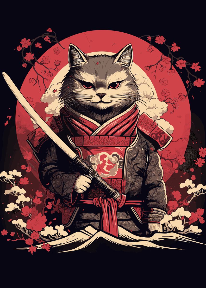 'Cat Samurai Japanese' Poster, picture, metal print, paint by Violet ...