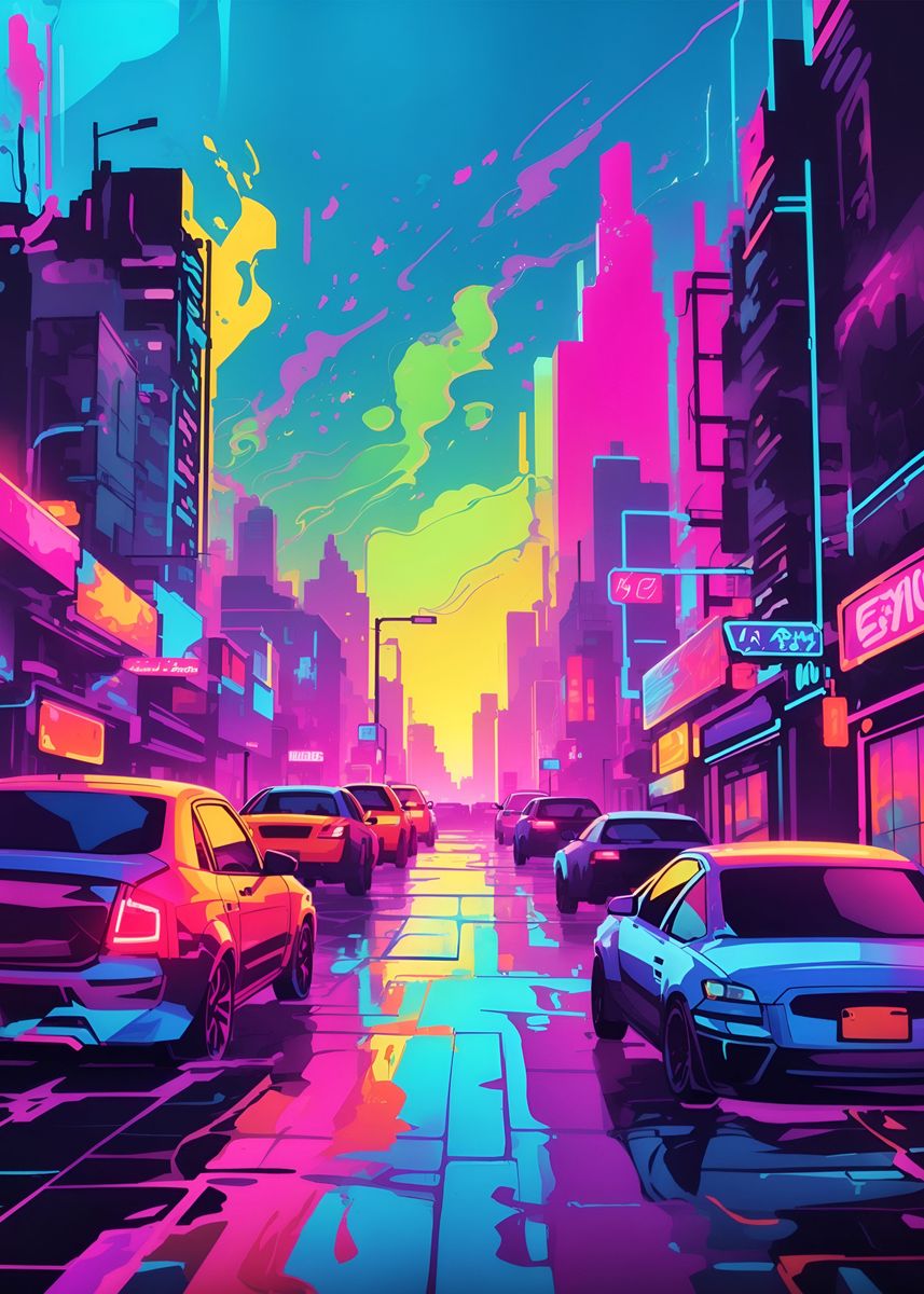 'City Landscape Neon ' Poster, picture, metal print, paint by Se Noe ...