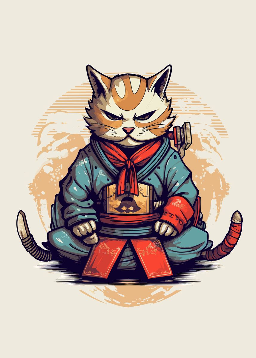 'Cat Samurai Japanese' Poster, picture, metal print, paint by Violet ...