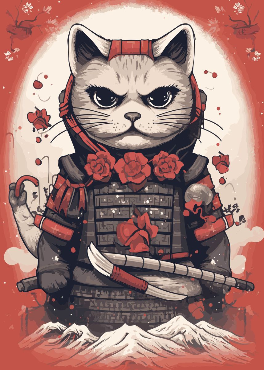 'Cat Samurai Japanese' Poster, picture, metal print, paint by Violet ...