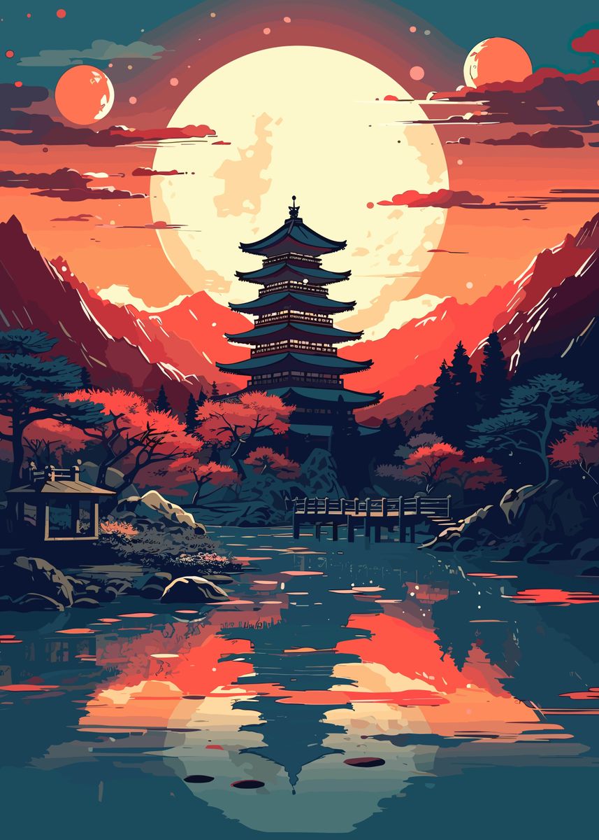 'Fantasy Japan Moon Pagoda' Poster, picture, metal print, paint by ...