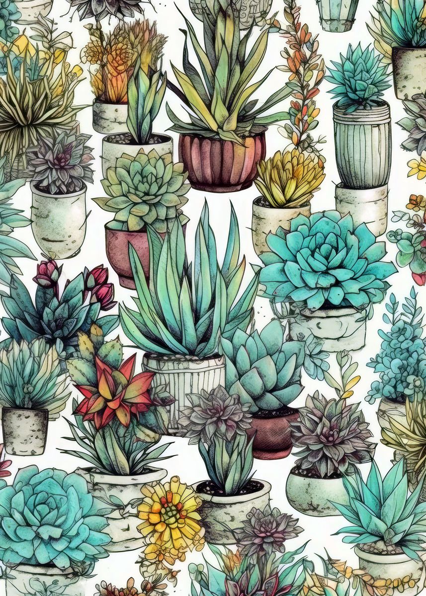 'Succulents and cactus' Poster, picture, metal print, paint by JBJart ...