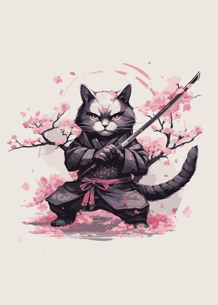 'cat samurai cherry blossom' Poster by Artmatrusa | Displate