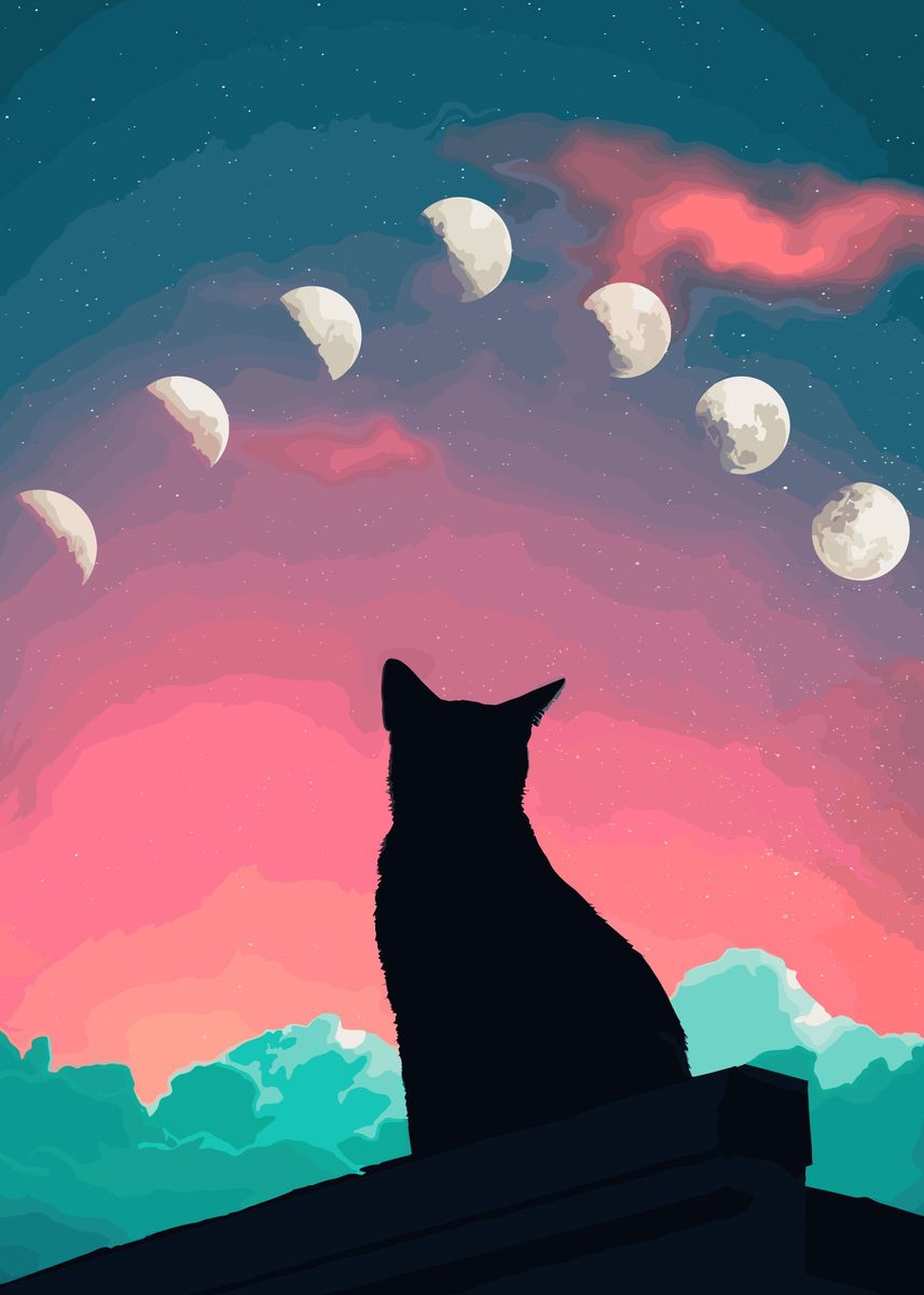 'cat moon landscape' Poster, picture, metal print, paint by Gethin ...