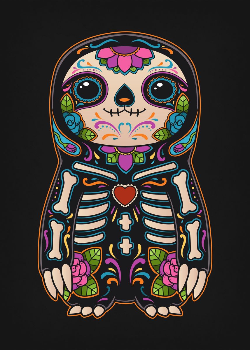 'Sloth Sugar Skull' Poster, picture, metal print, paint by B Cubed ...