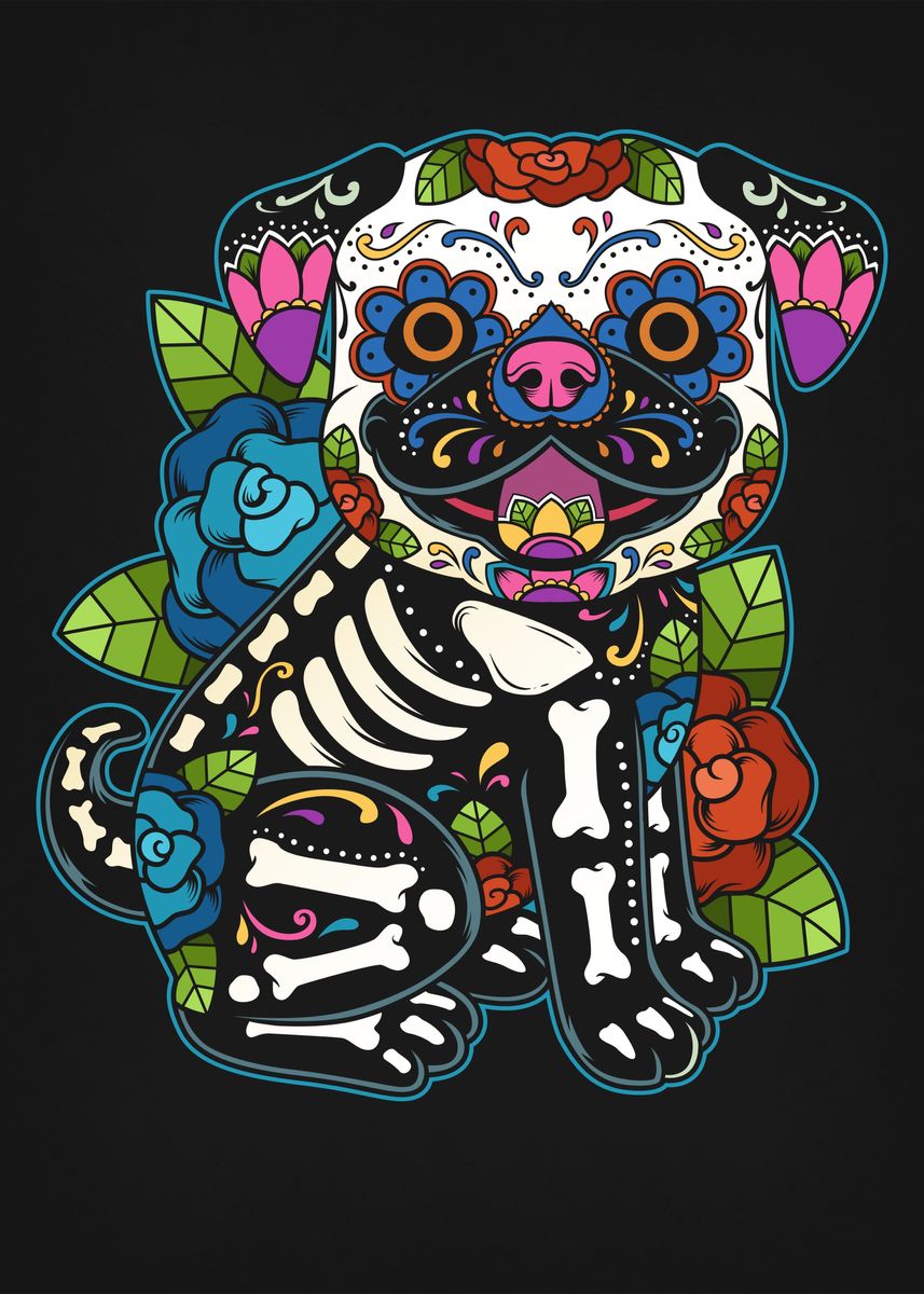'Pug Sugar Skull' Poster, picture, metal print, paint by B Cubed ...