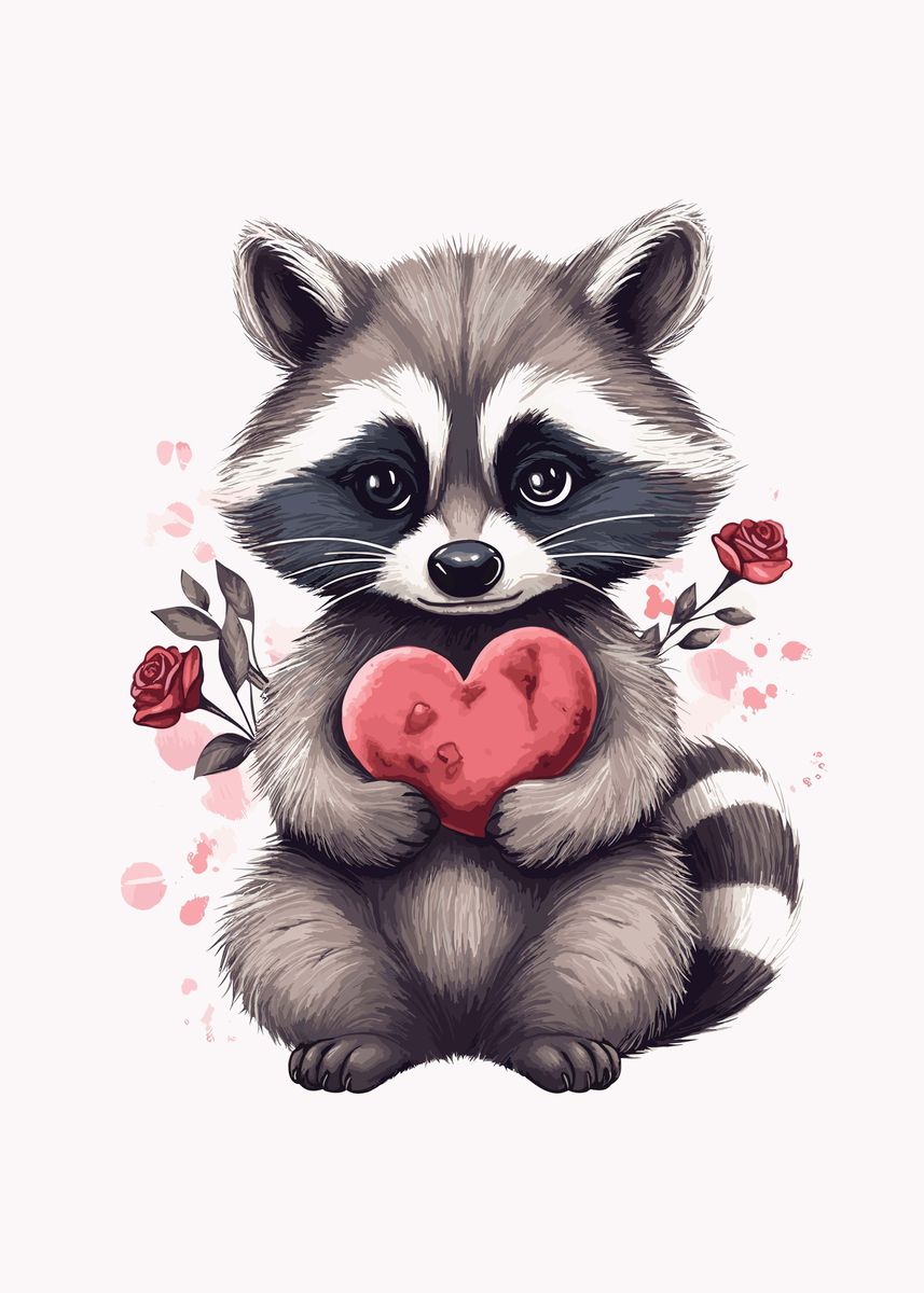'Raccoon Holding Heart' Poster, picture, metal print, paint by Violet ...