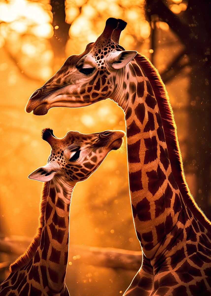 'Giraffe mother with child' Poster, picture, metal print, paint by ...