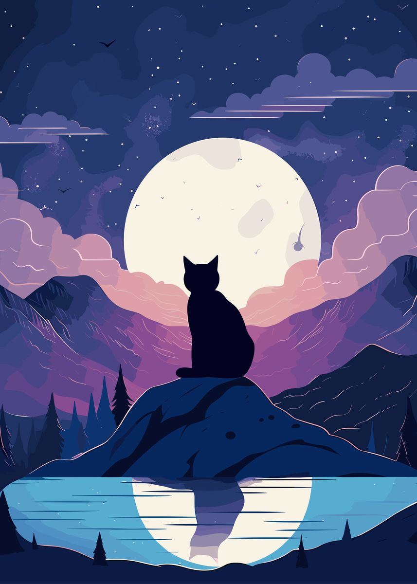 'cat moon night' Poster by Izabelle Jaramillo | Displate