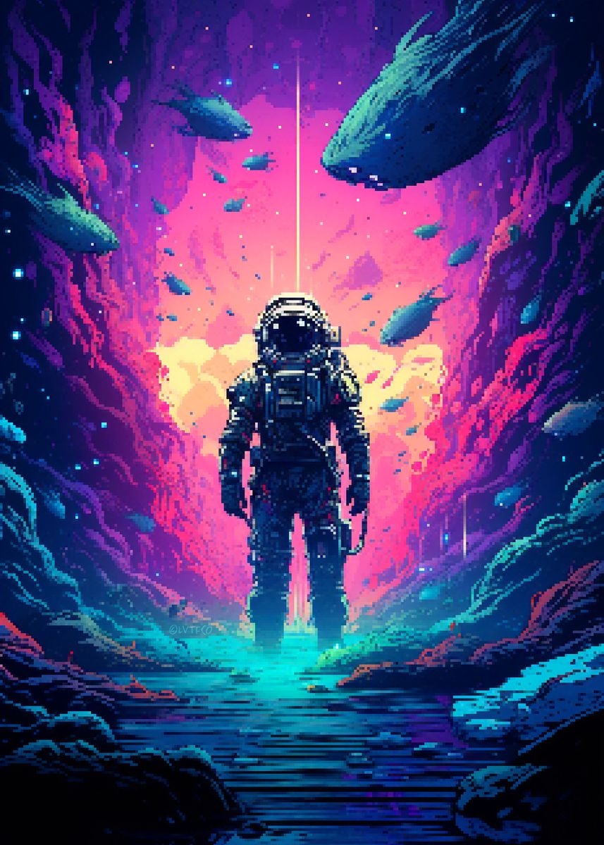 'Synthwave Spaceman Pixel' Poster, picture, metal print, paint by ...
