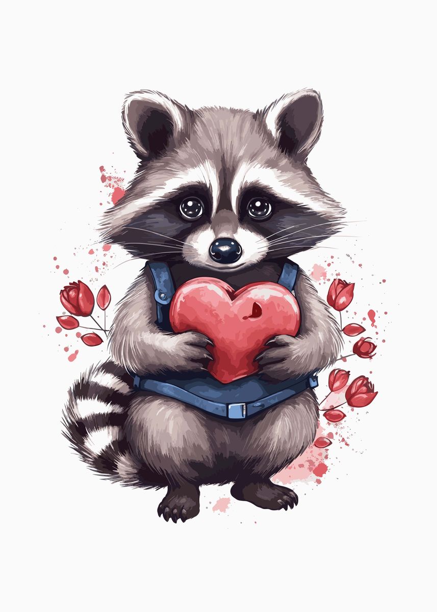 'Raccoon Holding Heart' Poster, picture, metal print, paint by Violet ...