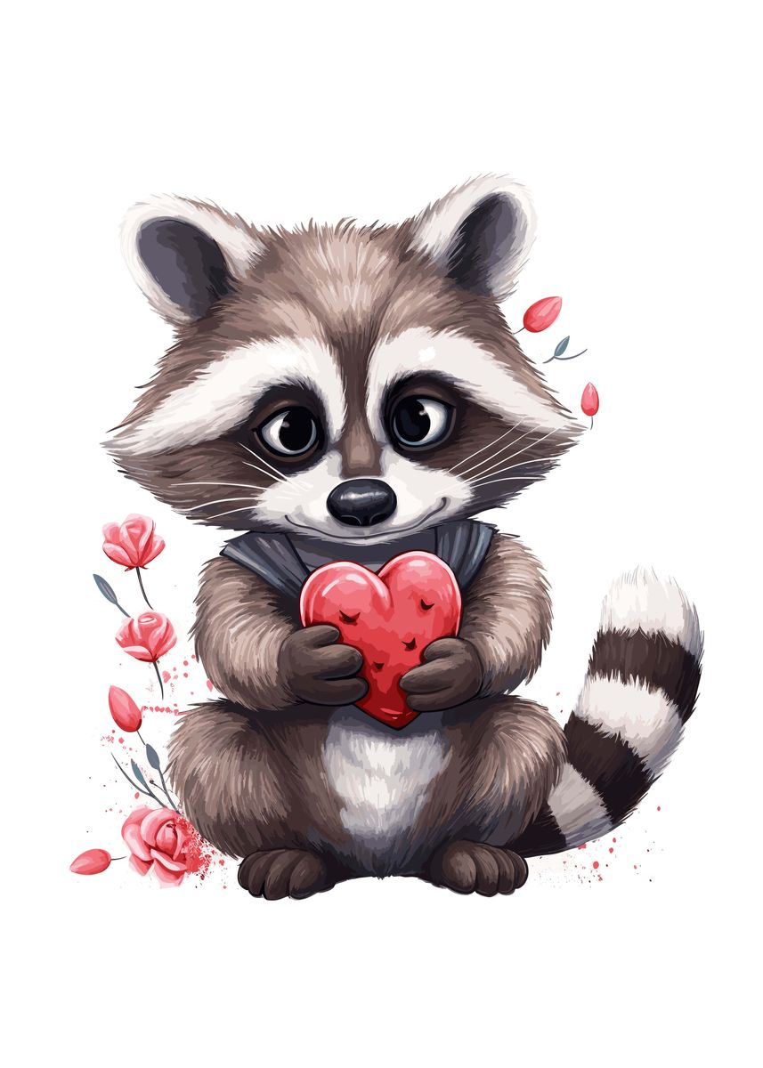 'Raccoon Holding Heart' Poster, picture, metal print, paint by Violet ...