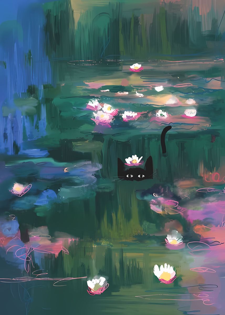 'Cat in Waterlilies Monet' Poster, picture, metal print, paint by ALEX ...