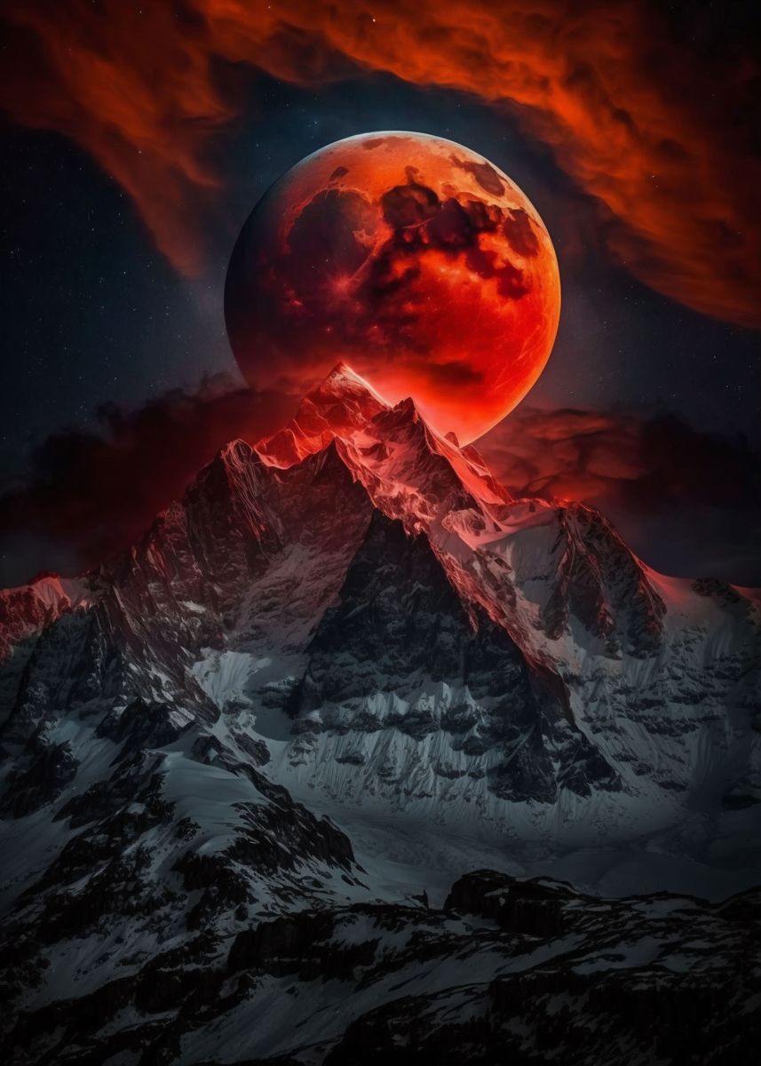'Red Moon and Mountains' Poster, picture, metal print, paint by ...