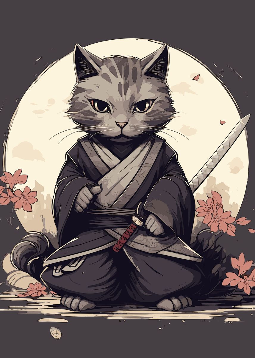 'samurai cat japan ' Poster, picture, metal print, paint by ...