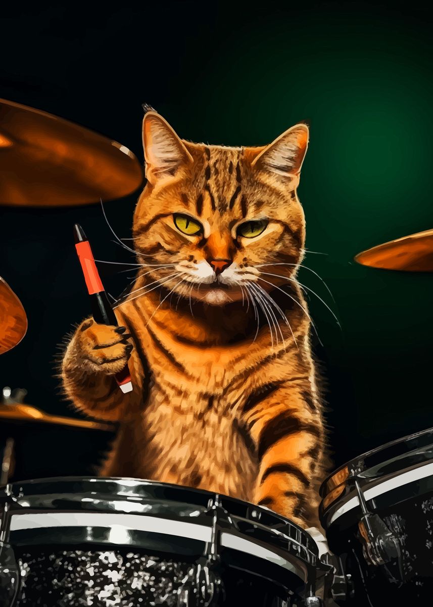 'Cat Drummer' Poster, picture, metal print, paint by Monika Bürger ...
