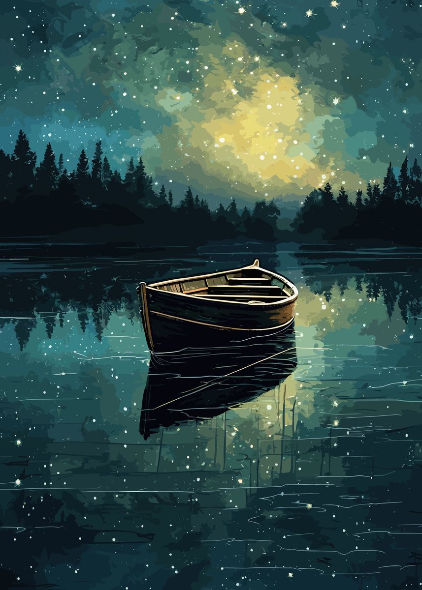 'Boat In The Night' Poster, picture, metal print, paint by Ali Jane | Displate