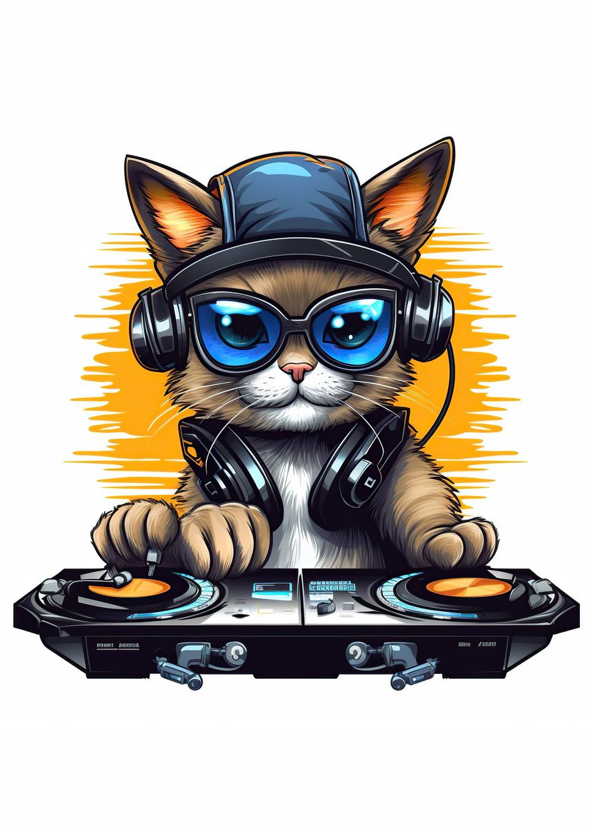 'Cat Cute Playing Dj' Poster, picture, metal print, paint by ...