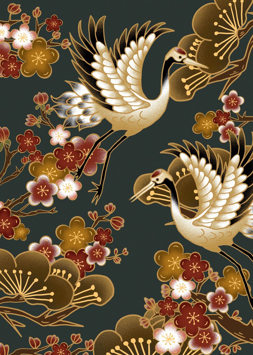 'GOLDEN JAPANESE CRANES ORI' Poster, picture, metal print, paint by ...