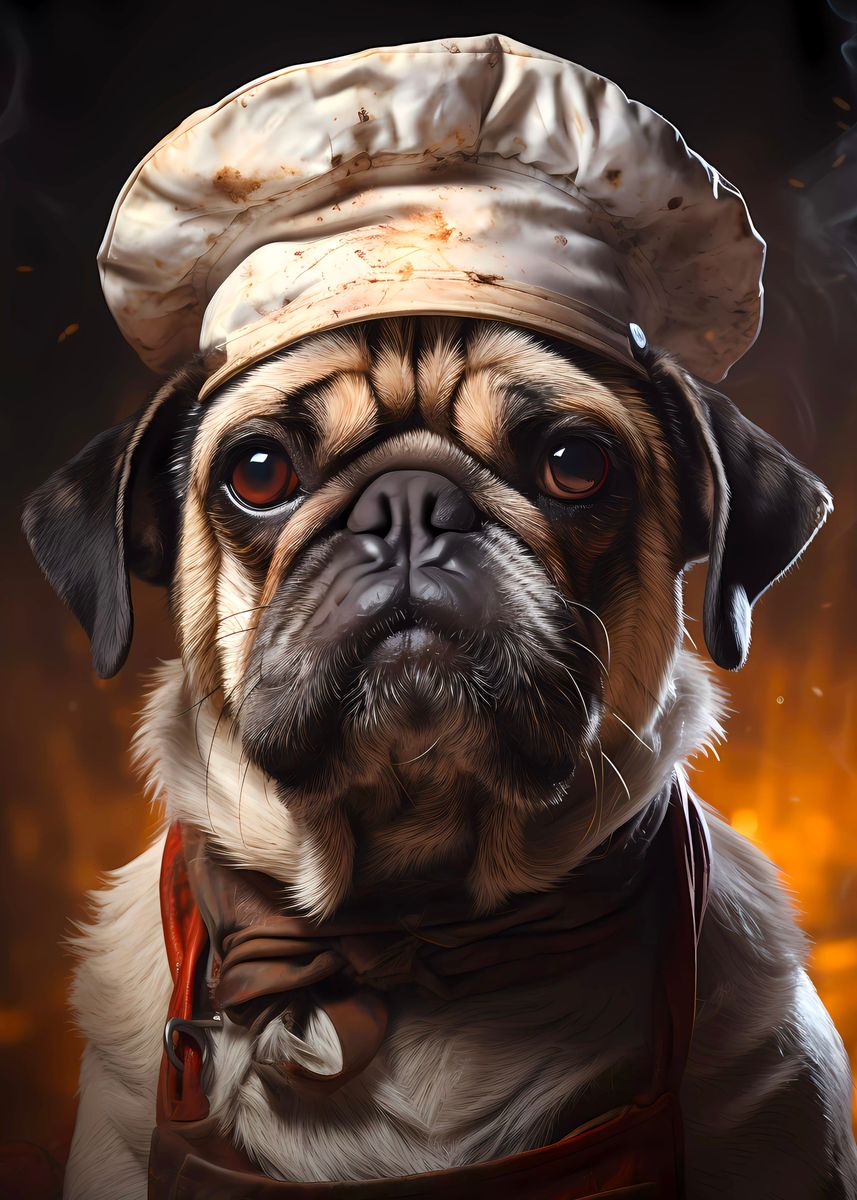 'Pug Cook' Poster, picture, metal print, paint by Hexor | Displate