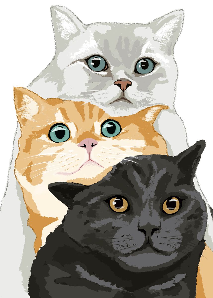 'three cats cute' Poster, picture, metal print, paint by Brandy ...