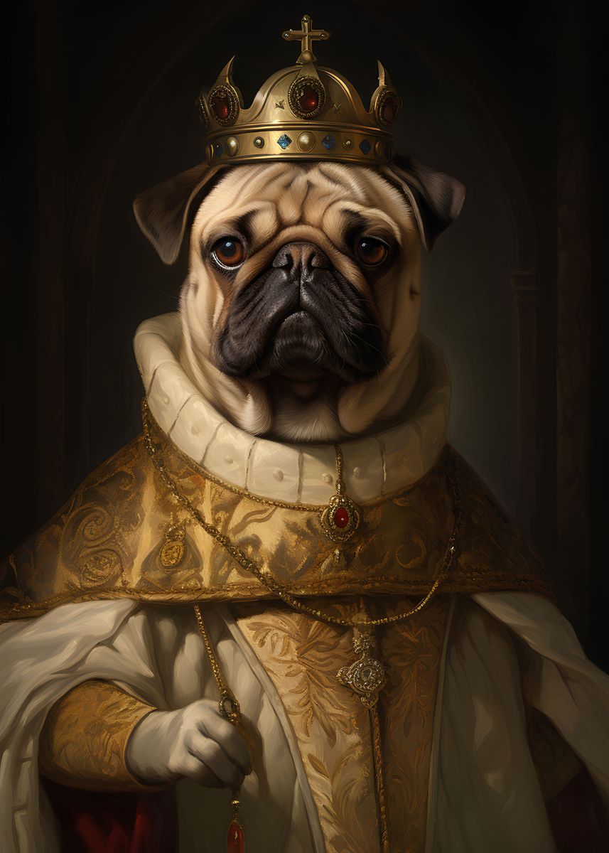 'Pug dog dressed euro King' Poster, picture, metal print, paint by ...