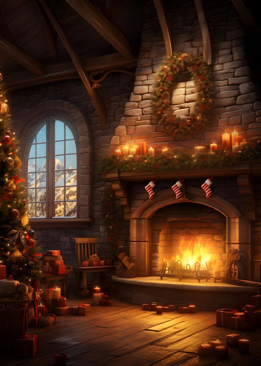 'Christmas fireplace' Poster, picture, metal print, paint by AI Art ...