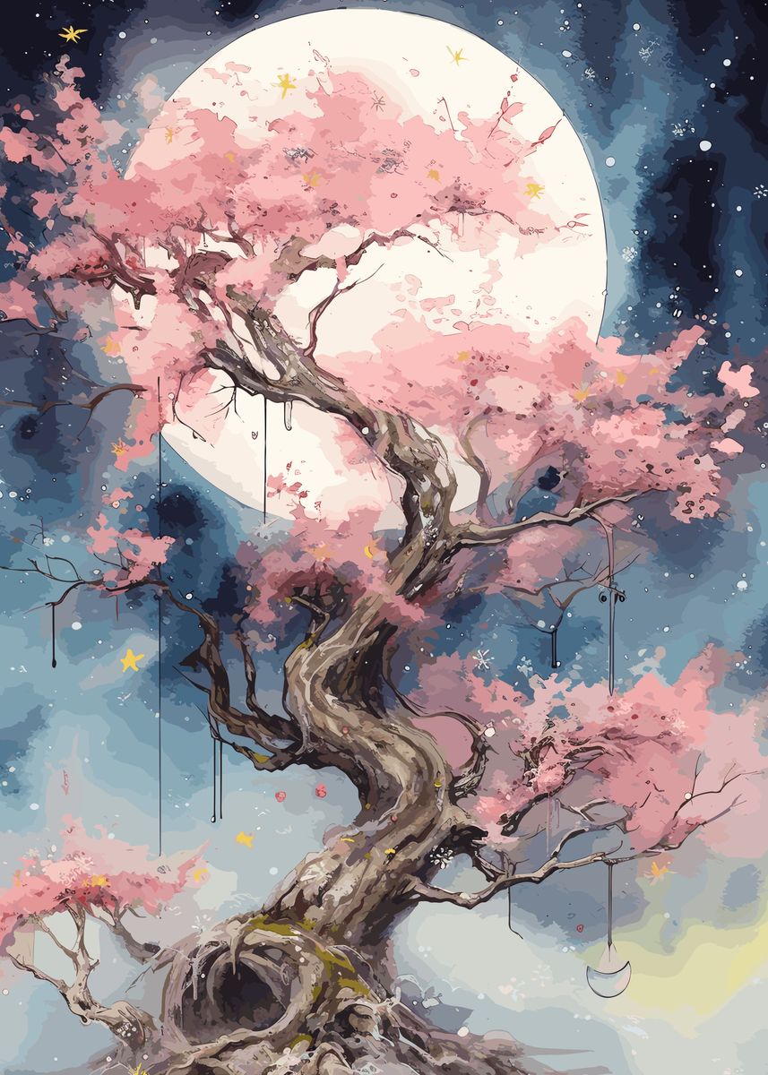 'Sakura Moon Tree' Poster, picture, metal print, paint by Richard ...