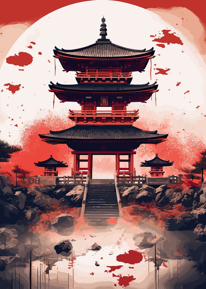 'Red Moon Japan' Poster, picture, metal print, paint by deidrera cheal ...