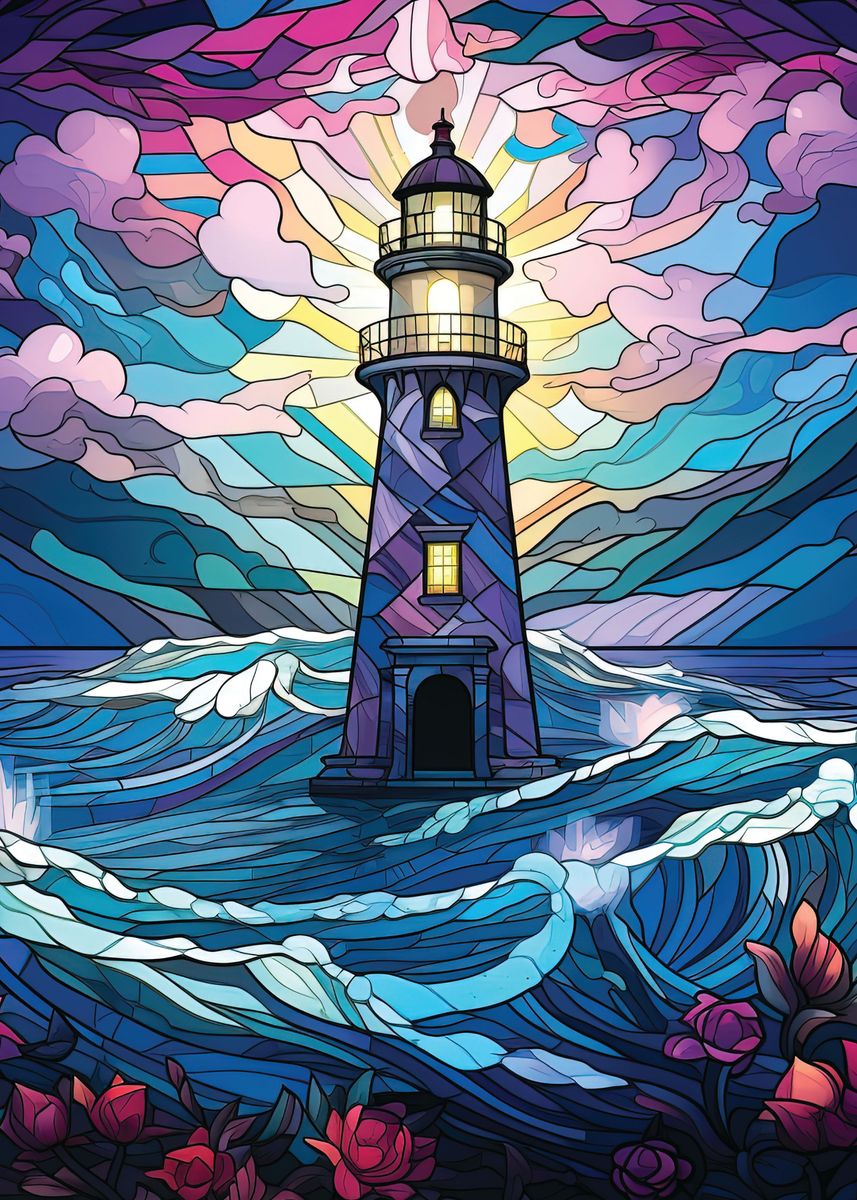 'Lighthouse Stained Glass' Poster, picture, metal print, paint by ...