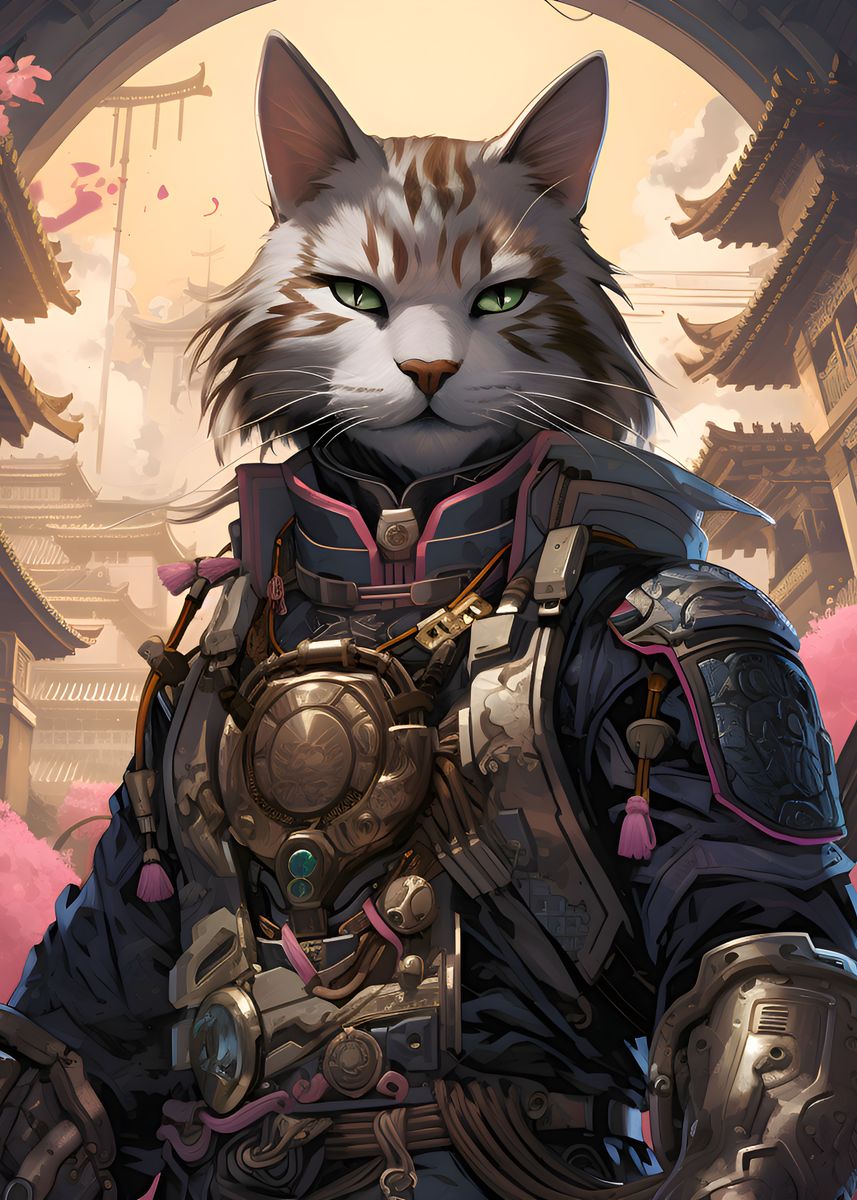 'Cherry Blossom Samurai Cat' Poster, picture, metal print, paint by ...