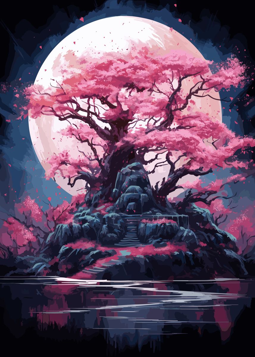 'Sakura Moon Tree' Poster, picture, metal print, paint by Richard ...