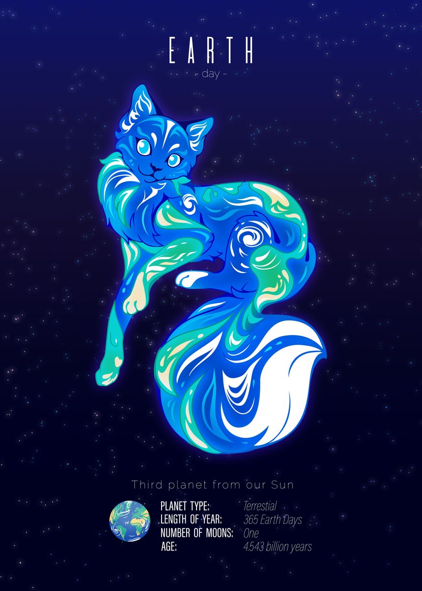 'Earth Day Cat Planet' Poster, picture, metal print, paint by Venetia Jackson | Displate