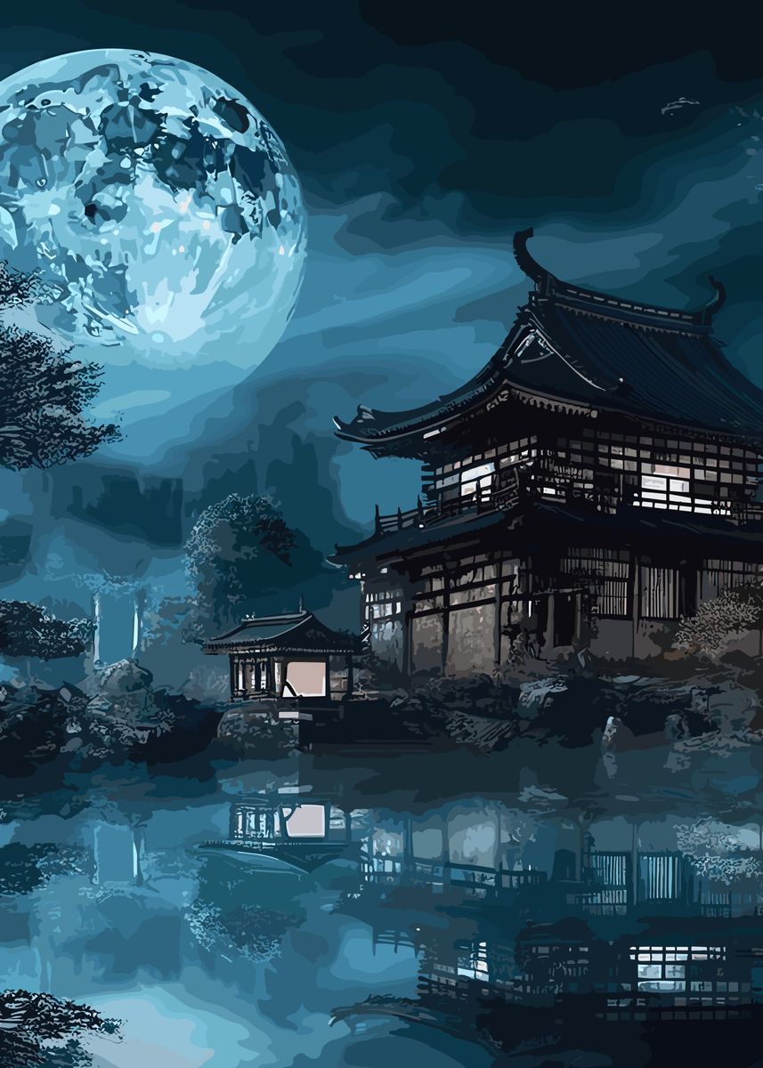 'Moon Japanese Landscape' Poster, picture, metal print, paint by Ardyce ...
