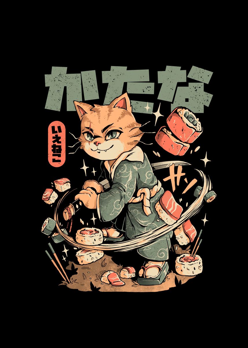 'Sushi Slayer Cat' Poster, picture, metal print, paint by Eduardo Ely ...