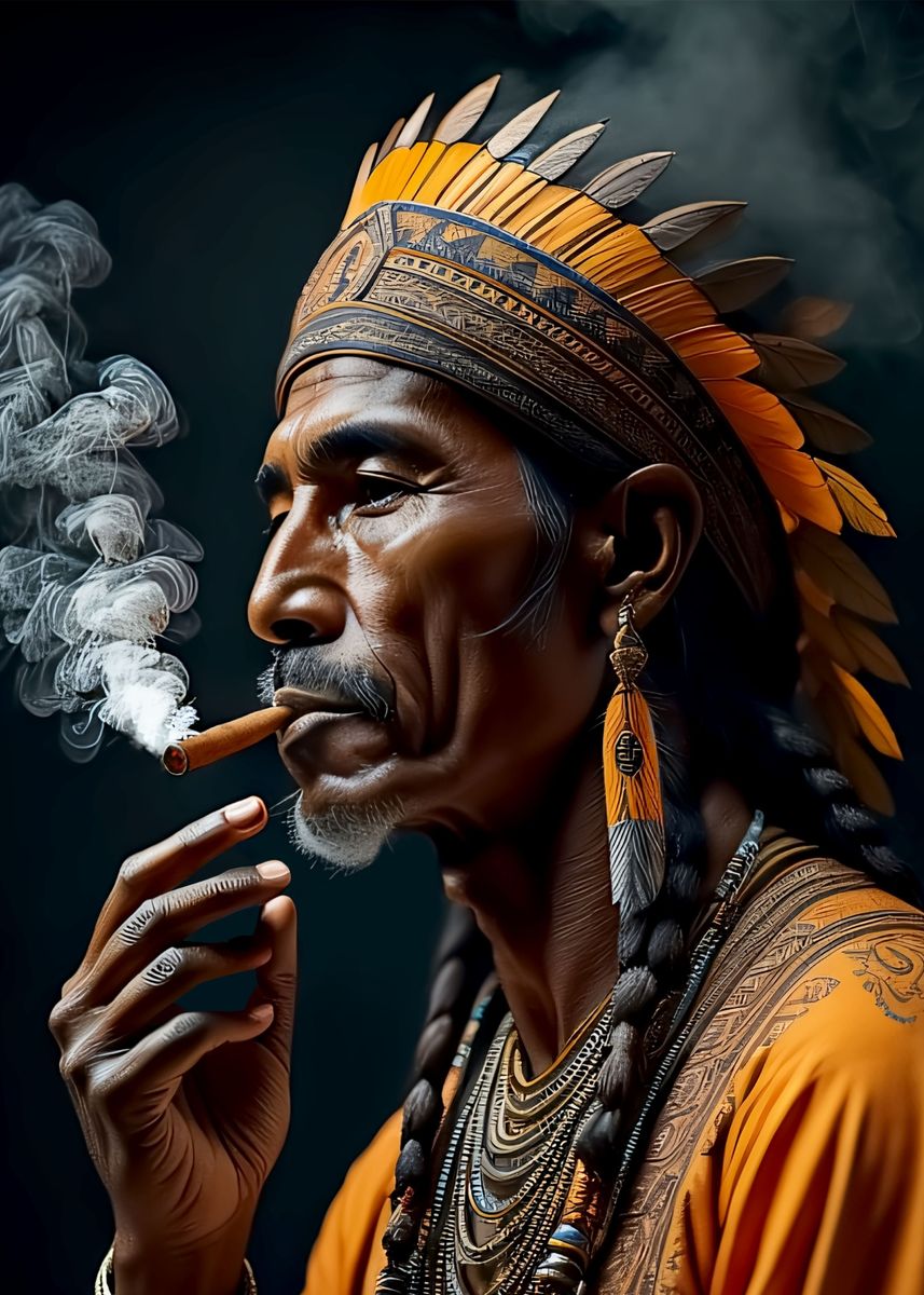 'Native chief smoking' Poster, picture, metal print, paint by Rashid ...