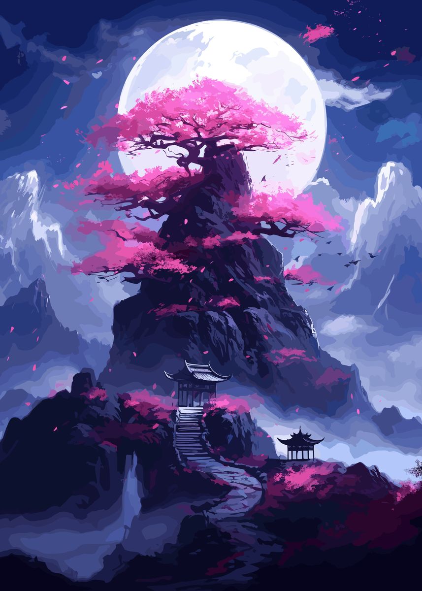 'Sakura Moon Tree' Poster, picture, metal print, paint by Richard ...