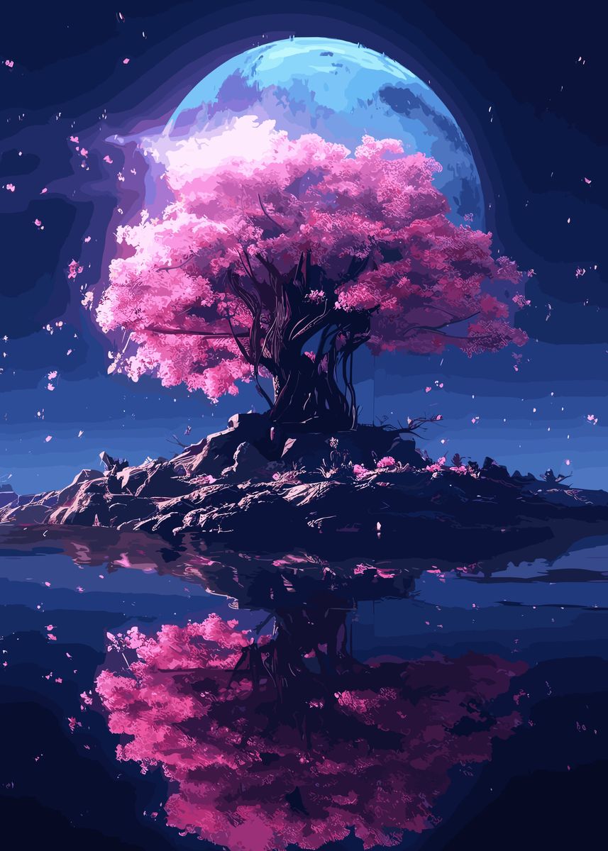 'Sakura Moon Tree' Poster, picture, metal print, paint by Richard ...