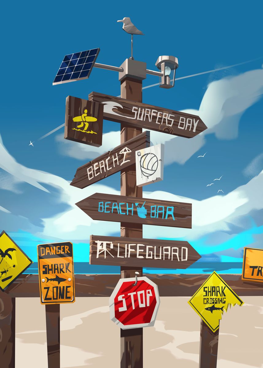 'Beach Sign' Poster, picture, metal print, paint by Tokity Janos | Displate