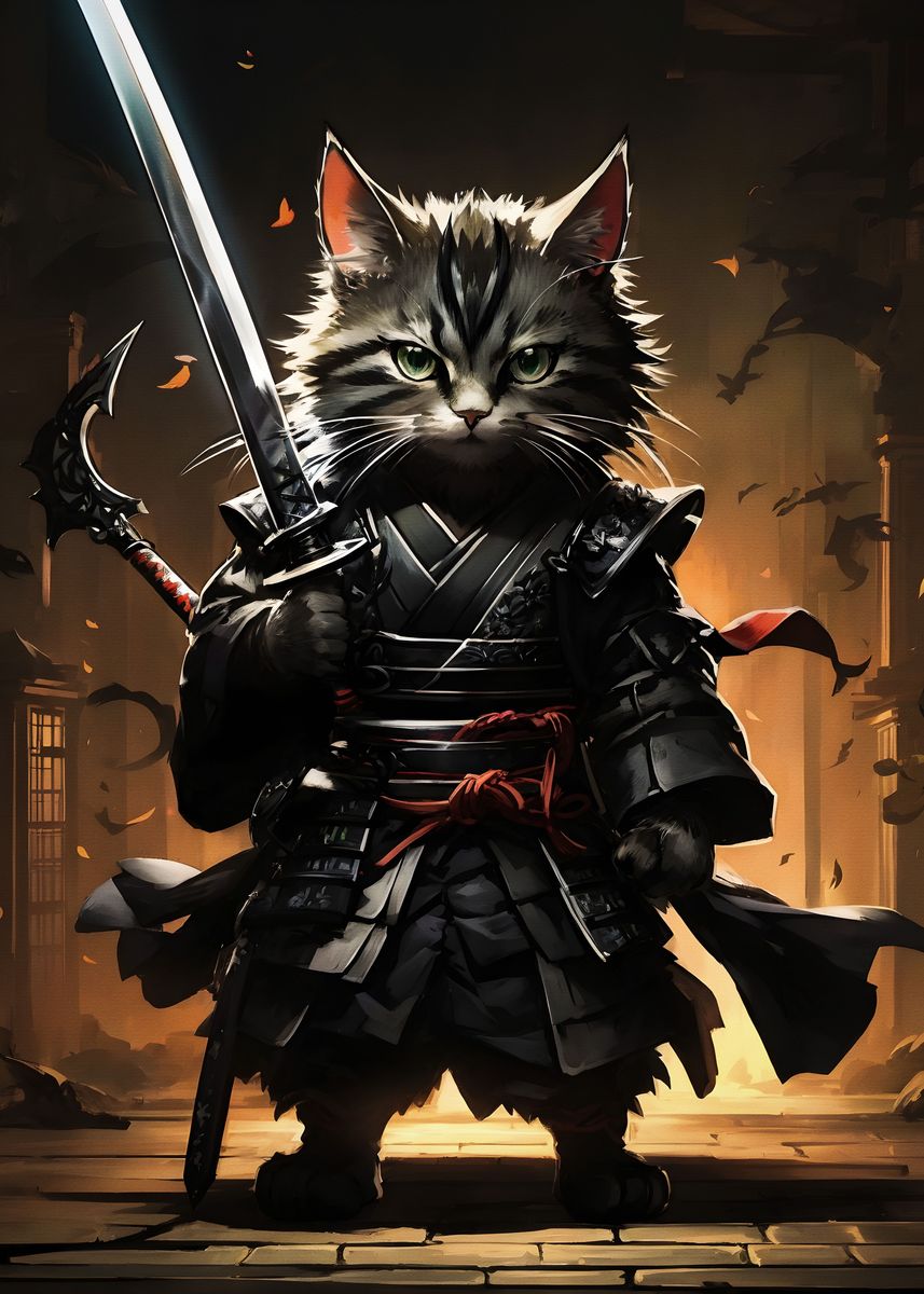 'Samurai Cat Sword' Poster, picture, metal print, paint by Dream ...