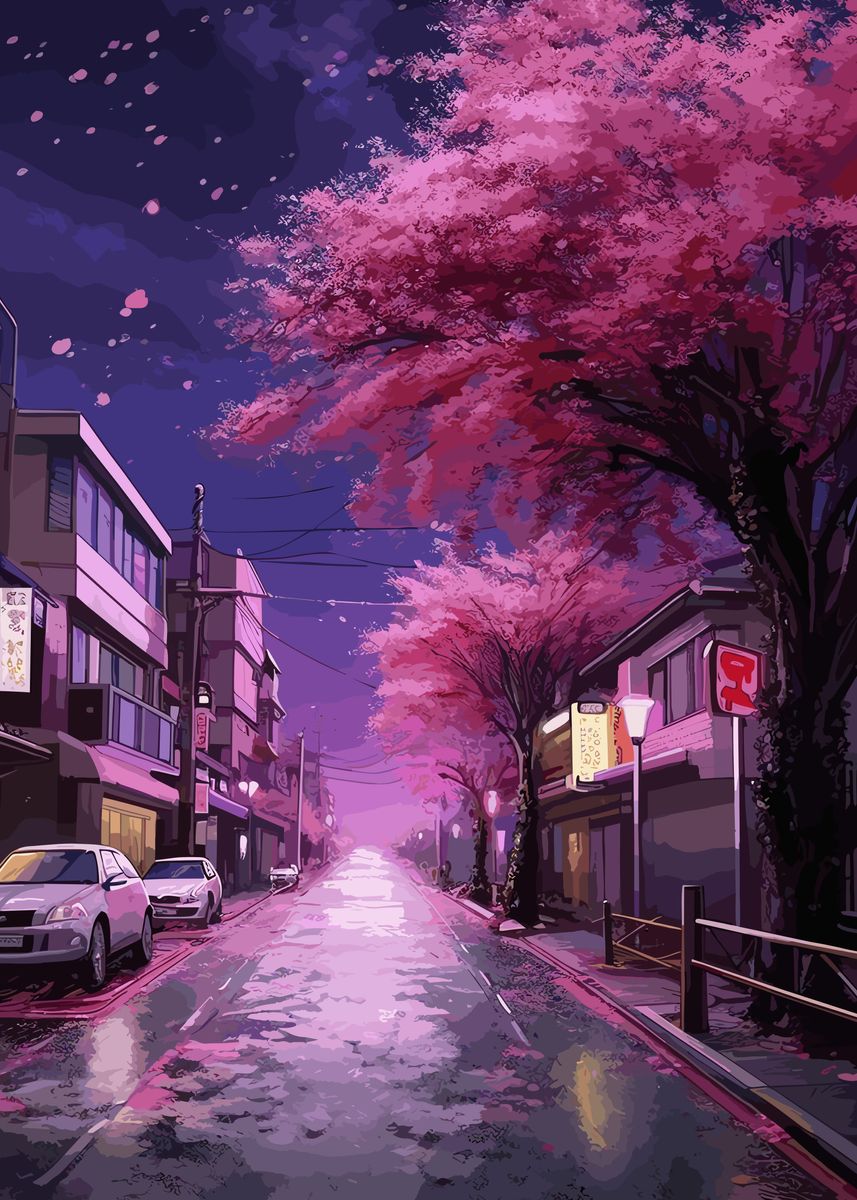 'Neon Tokyo Sakura Street' Poster, picture, metal print, paint by Peter ...
