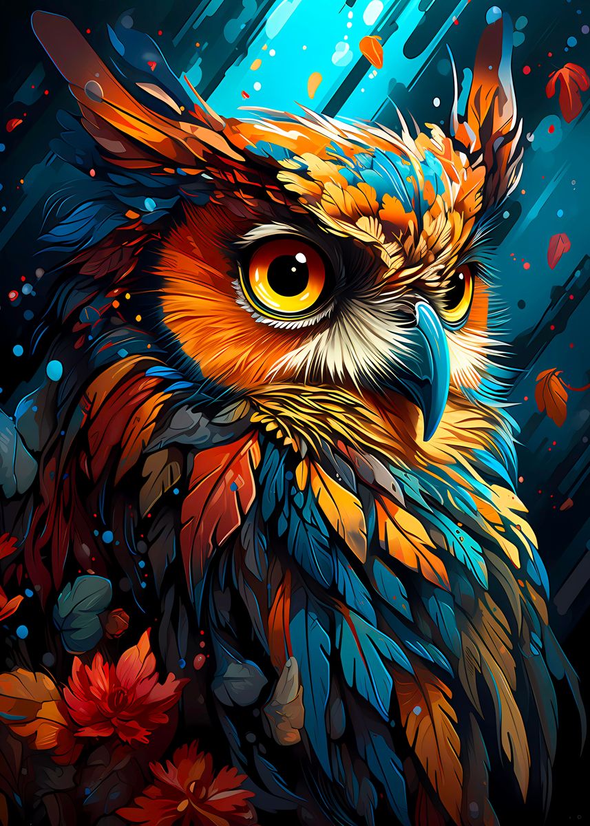'Colorful Owl Face' Poster, picture, metal print, paint by Hexor | Displate