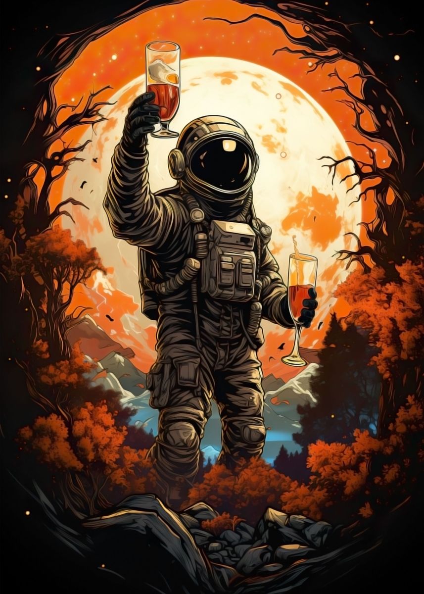 'astronaunt hold beer glass' Poster, picture, metal print, paint by ...