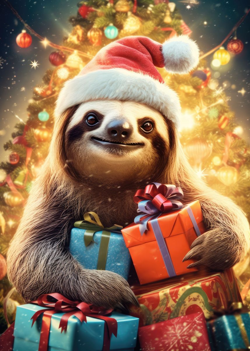 'Christmas Tree Santa Sloth' Poster, picture, metal print, paint by ...