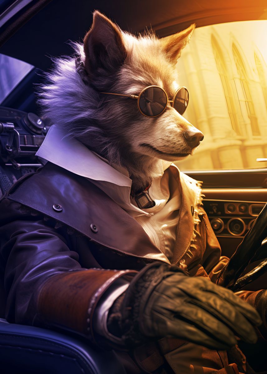 'Funny Wolf driving a car' Poster, picture, metal print, paint by ...