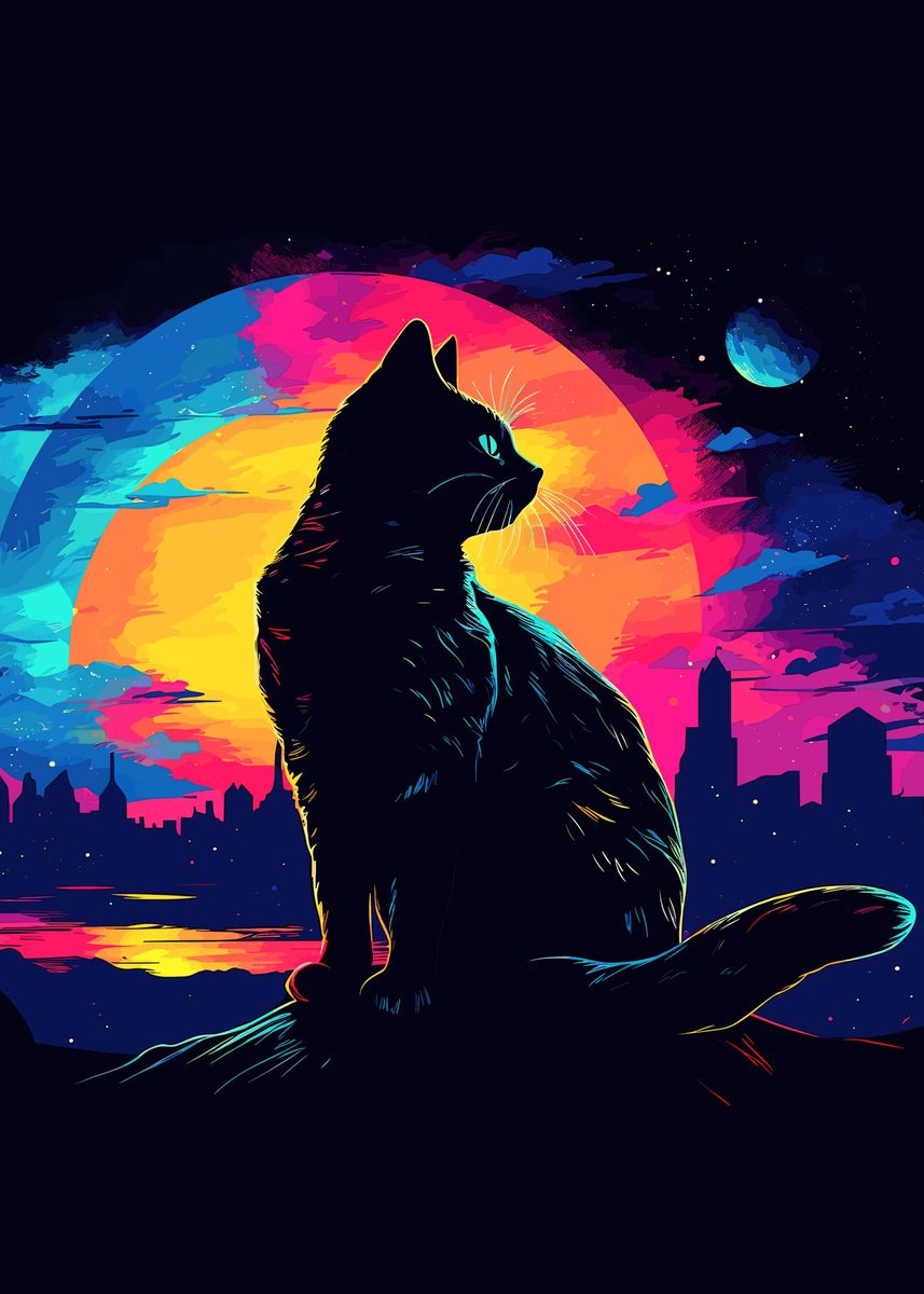 'cat moon night' Poster, picture, metal print, paint by Roberto ...