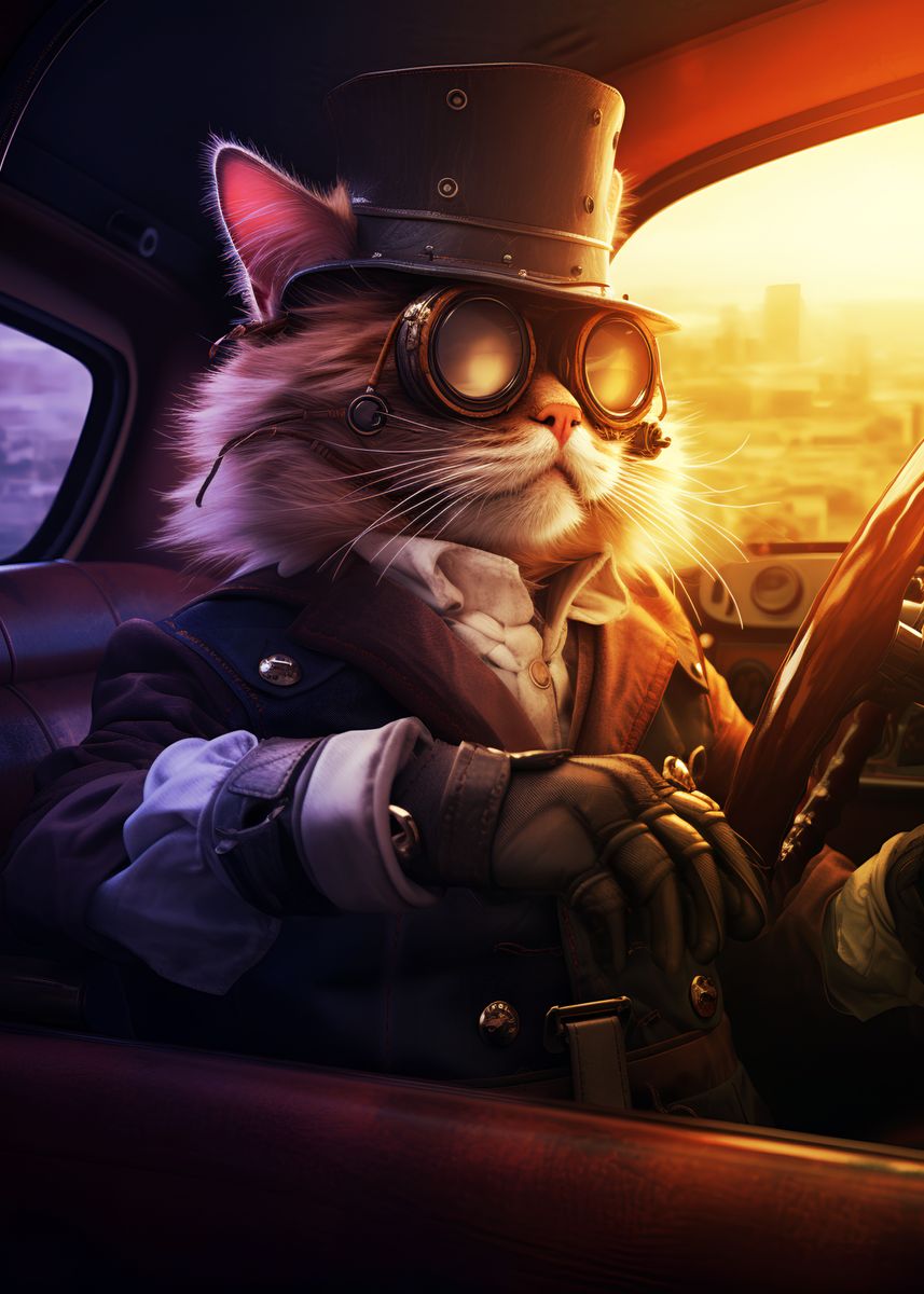 'cute cat driving a car' Poster, picture, metal print, paint by Esbiyu ...