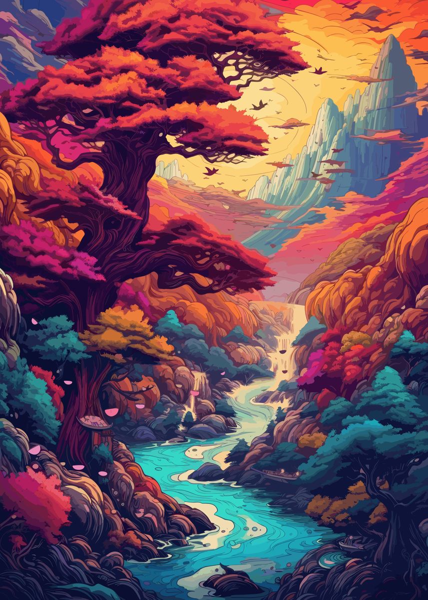 'Psychedelic Nature River' Poster, picture, metal print, paint by ...